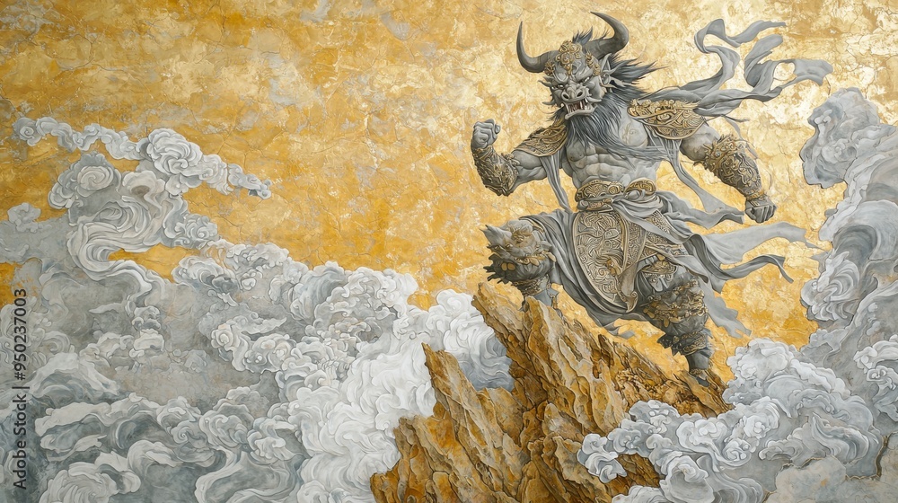 Stucco mural depicting the Bull Demon King standing on a golden cliff ...