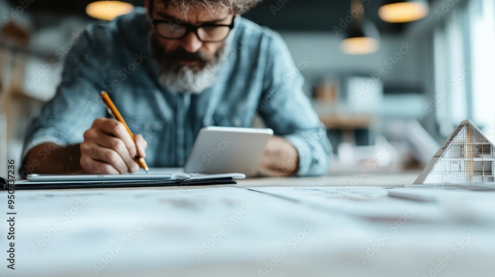 A detailed image of a person taking notes using a tablet at a ...