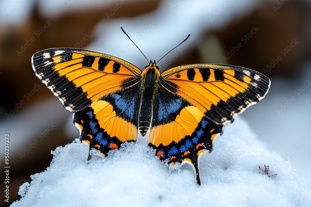 Butterfly in a snowy landscape, captured in a photo where the ...