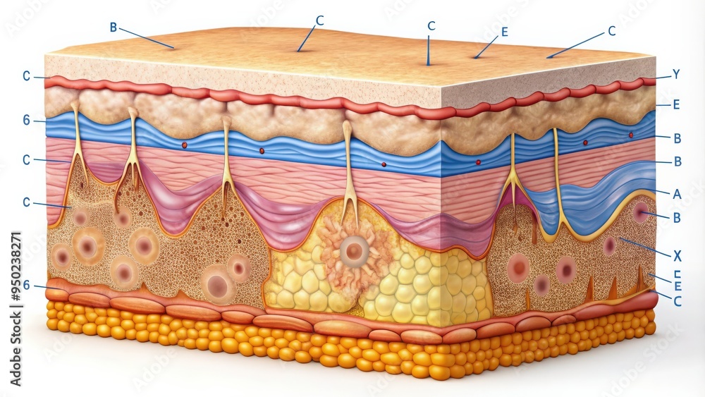 Anatomy of human skin showing epidermis, dermis, and subcutaneous ...
