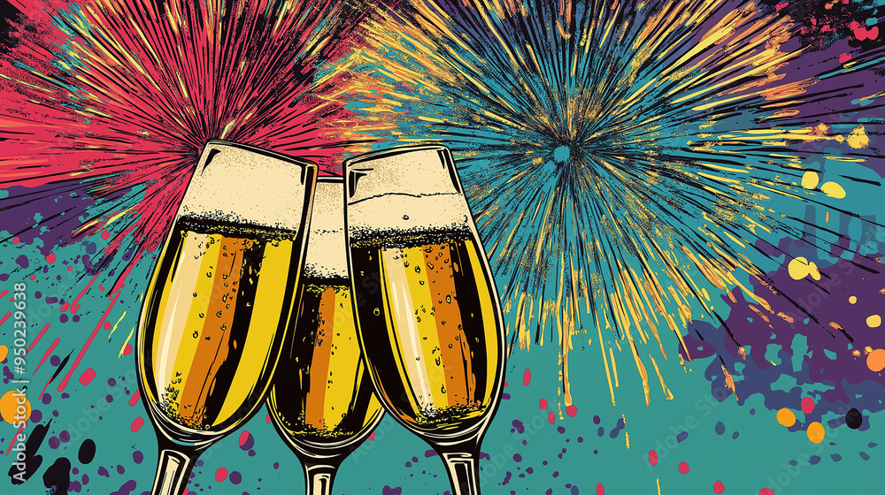 Pop art concept Champagne, fireworks. Fireworks background in pop art ...