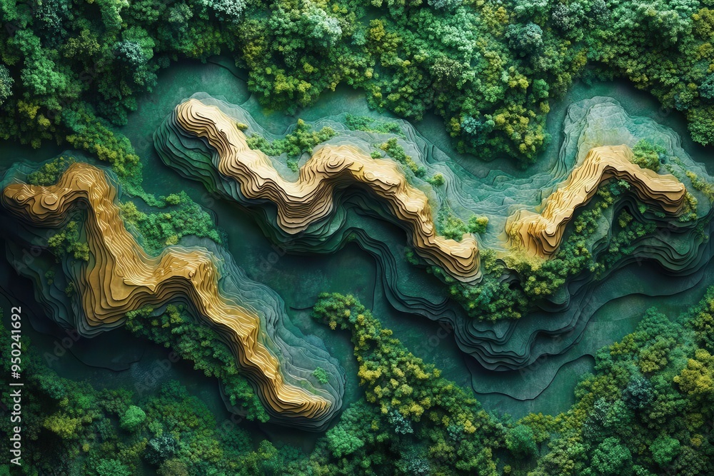 ethereal golden topographic map projected onto a lush green rainforest ...