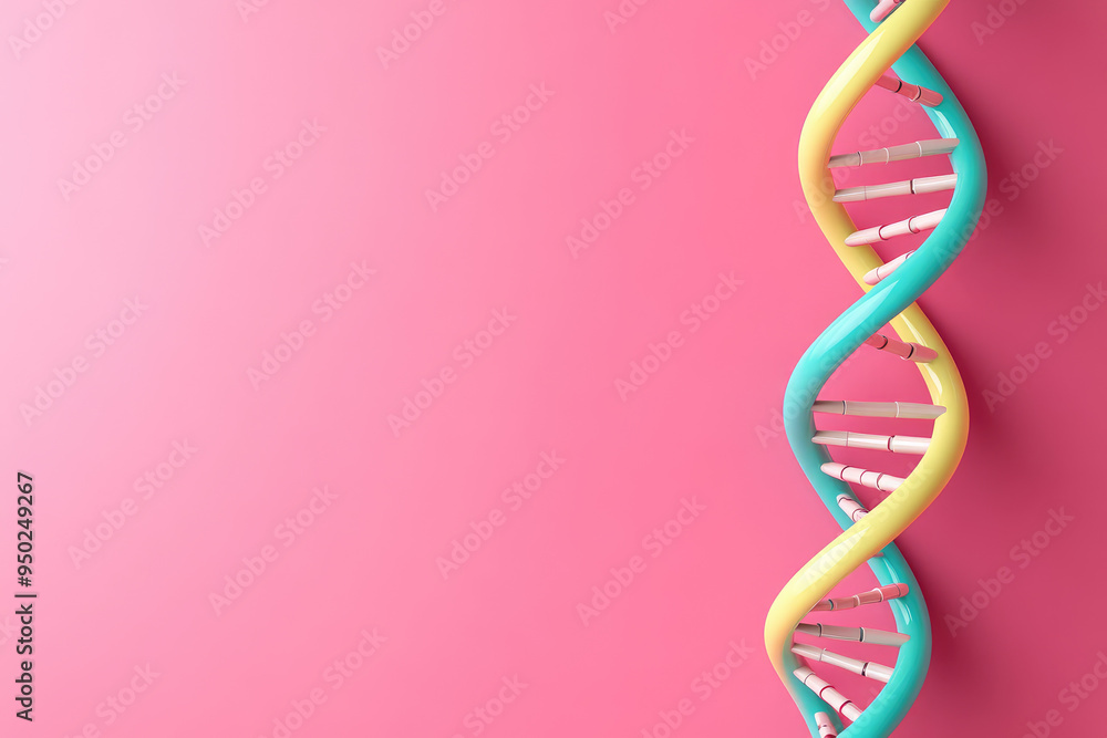 Colorful DNA double helix model, vibrant yellow and turquoise strands ...