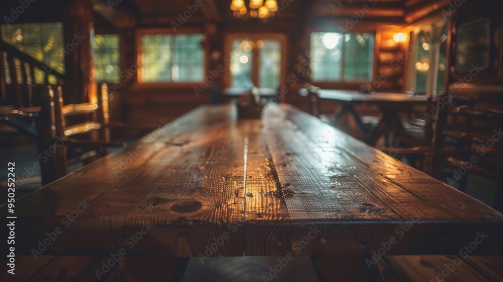 Rustic wooden table in dimly lit cabin-style cafe, table surface gleams ...