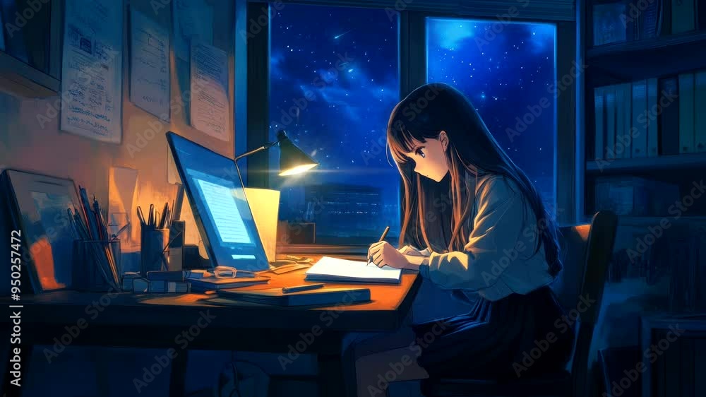 Anime girl studying late at night with a warm desk lamp illuminating ...