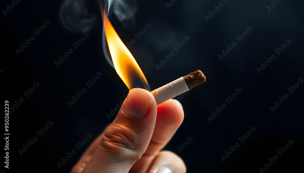 Hand holding a burning cigarette. Smoking addiction and bad habits ...