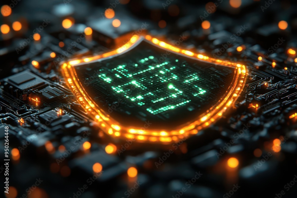 glowing neon cybersecurity emblem pulsating green shield on black ...