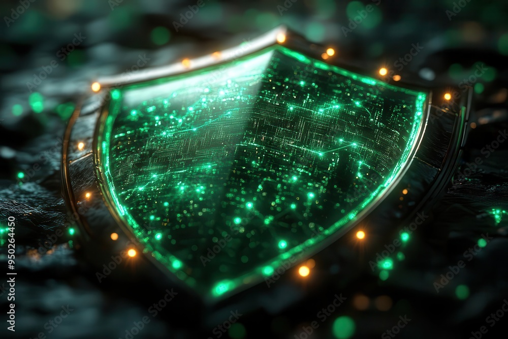 glowing neon cybersecurity emblem pulsating green shield on black ...
