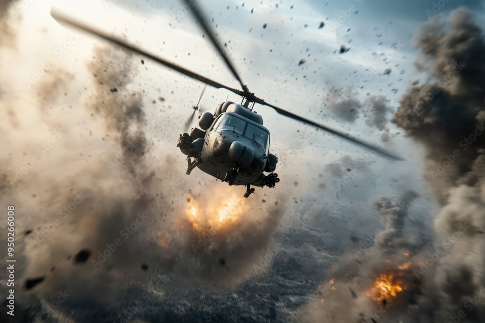 A helicopter is seen flying through a battlefield, with explosions ...