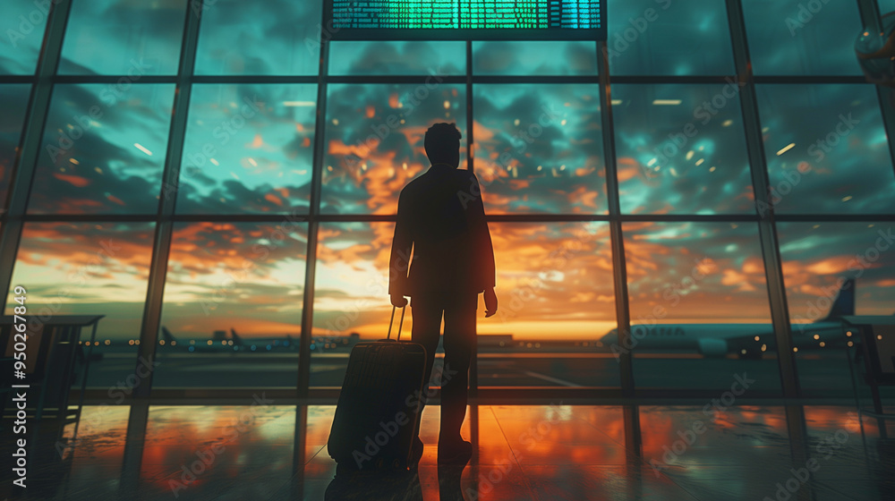 Beside the airport's floor-to-ceiling window, the silhouette of a ...