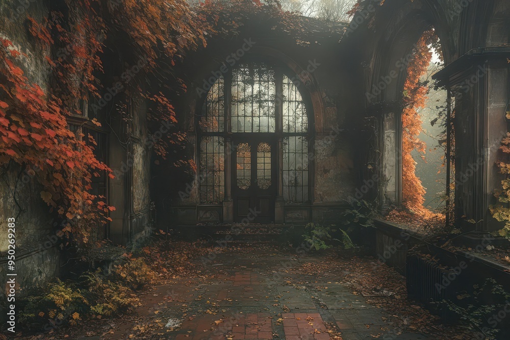 haunting image of an abandoned victorian mansion slowly being reclaimed by nature vines creep up ...