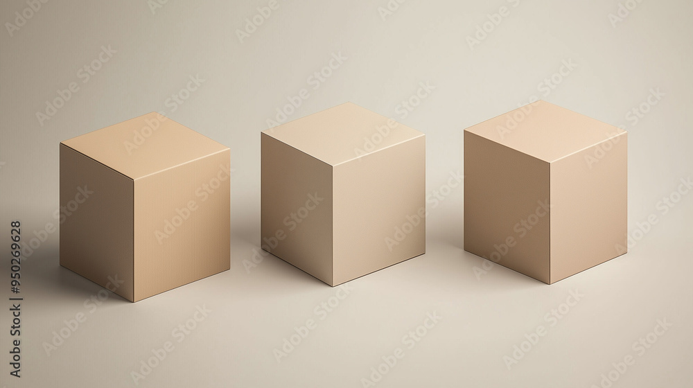 Three cardboard boxes mockups standing in line on a beige background ...