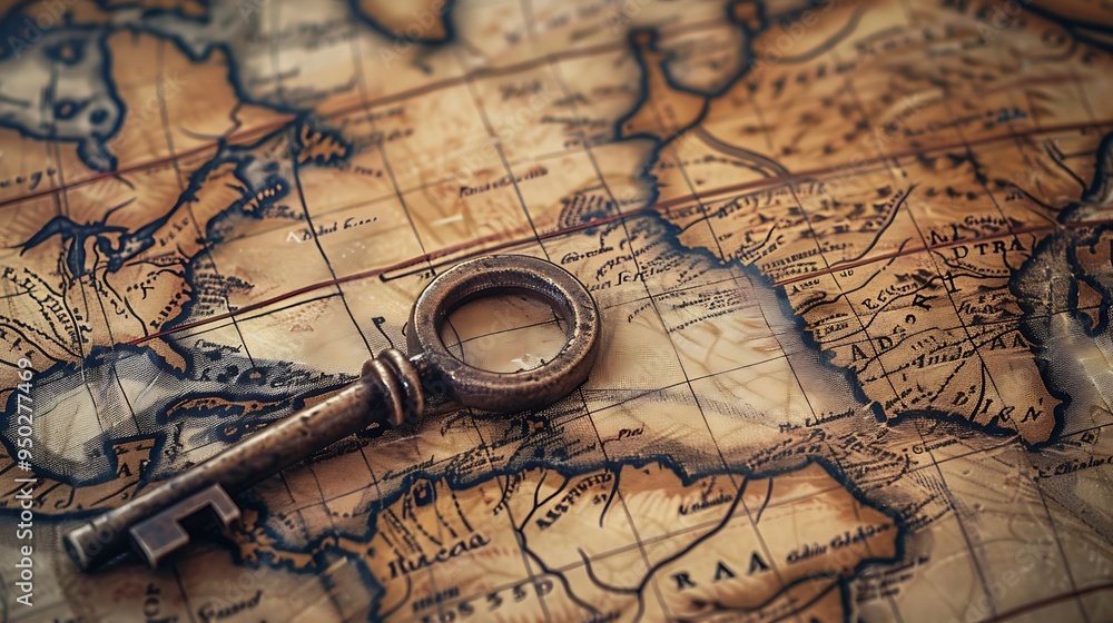 An old key on an ancient map creates a sense of mystery and nostalgia ...