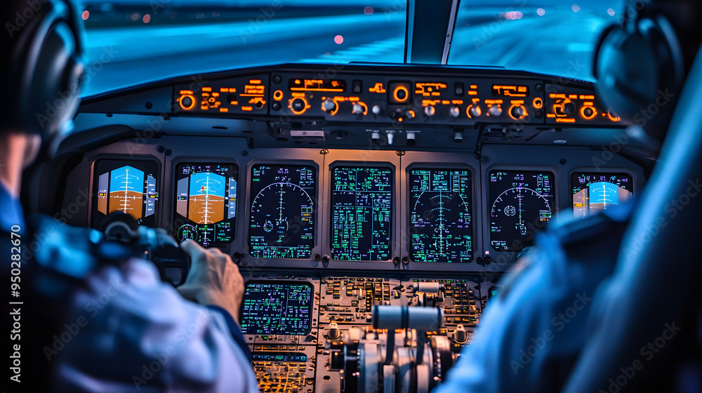 Pilot in uniform meticulously inspecting cockpit instruments of an ...