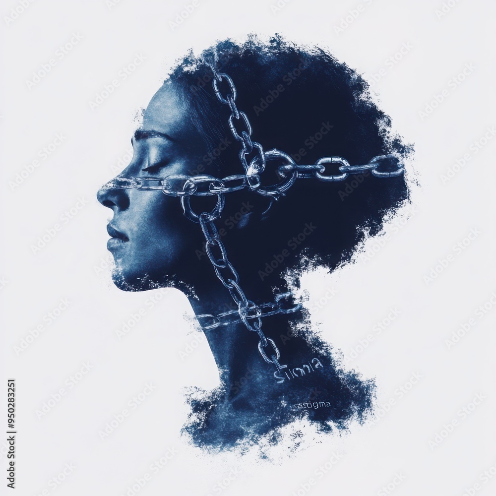 An abstract human silhouette with chains labeled "stigma" breaking ...