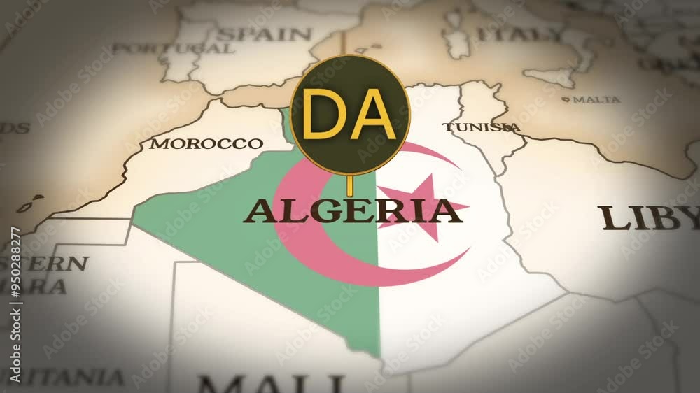 Algerian dinar currency sign showing on world map with 3D rendering ...