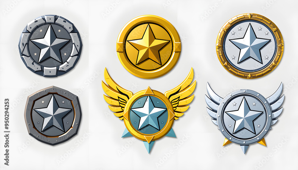 Military game ranking badge set with star insignia. Vector cartoon ...
