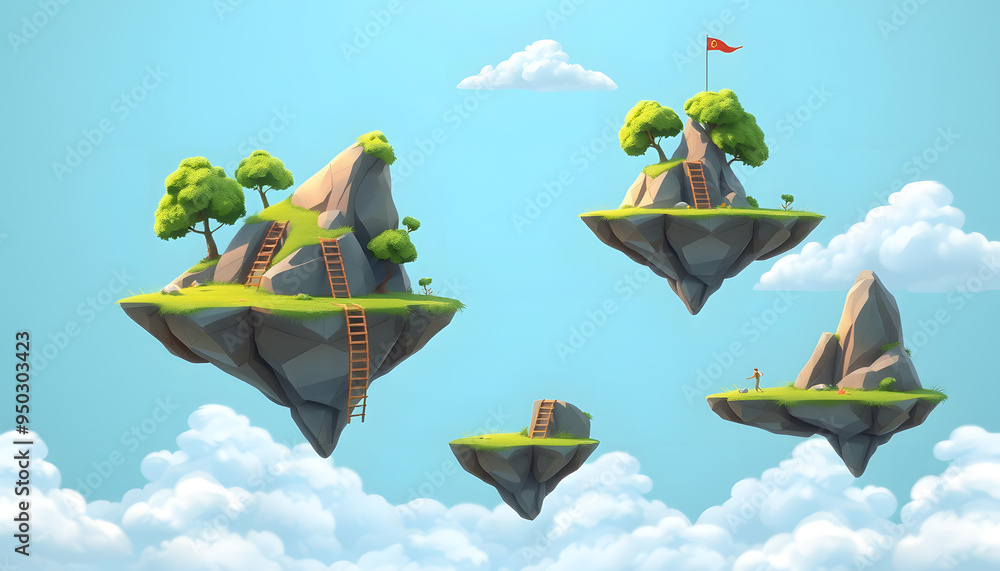 Floating Island Game Platforms And Arcade Levels With Trees And Grass Cartoon Vector Island