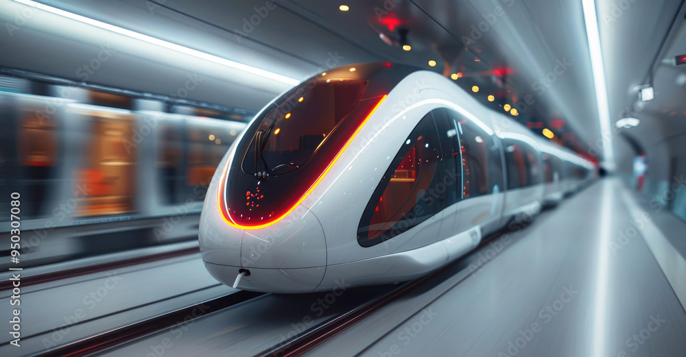 Modern high-speed train in motion. The polished steel body reflects ...