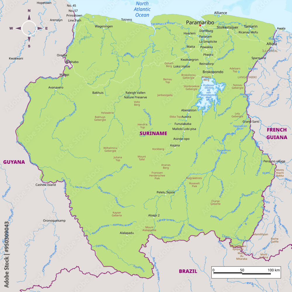 Suriname political map with capital , cities, towns, national borders ...