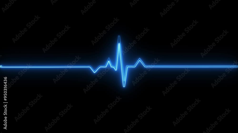 Heart beat pulse. Glowing neon blue heart cardiogram line on dark ...