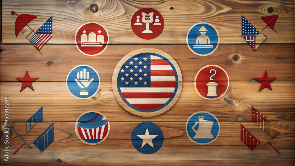 Collage background featuring USA election system symbols on wood ...