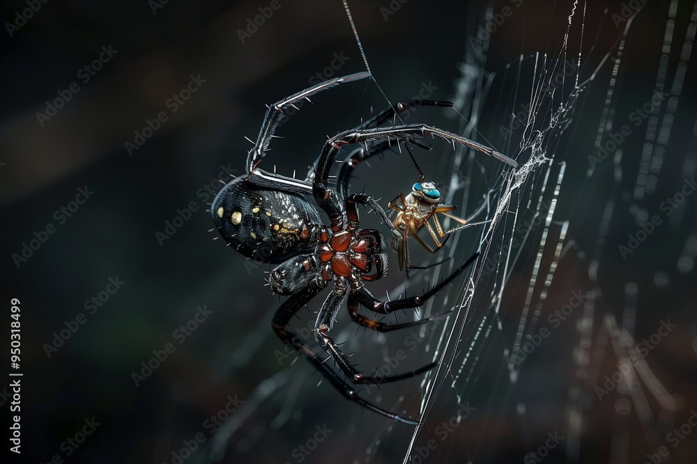 spider capturing prey, detailed close up of a black widow spider ...