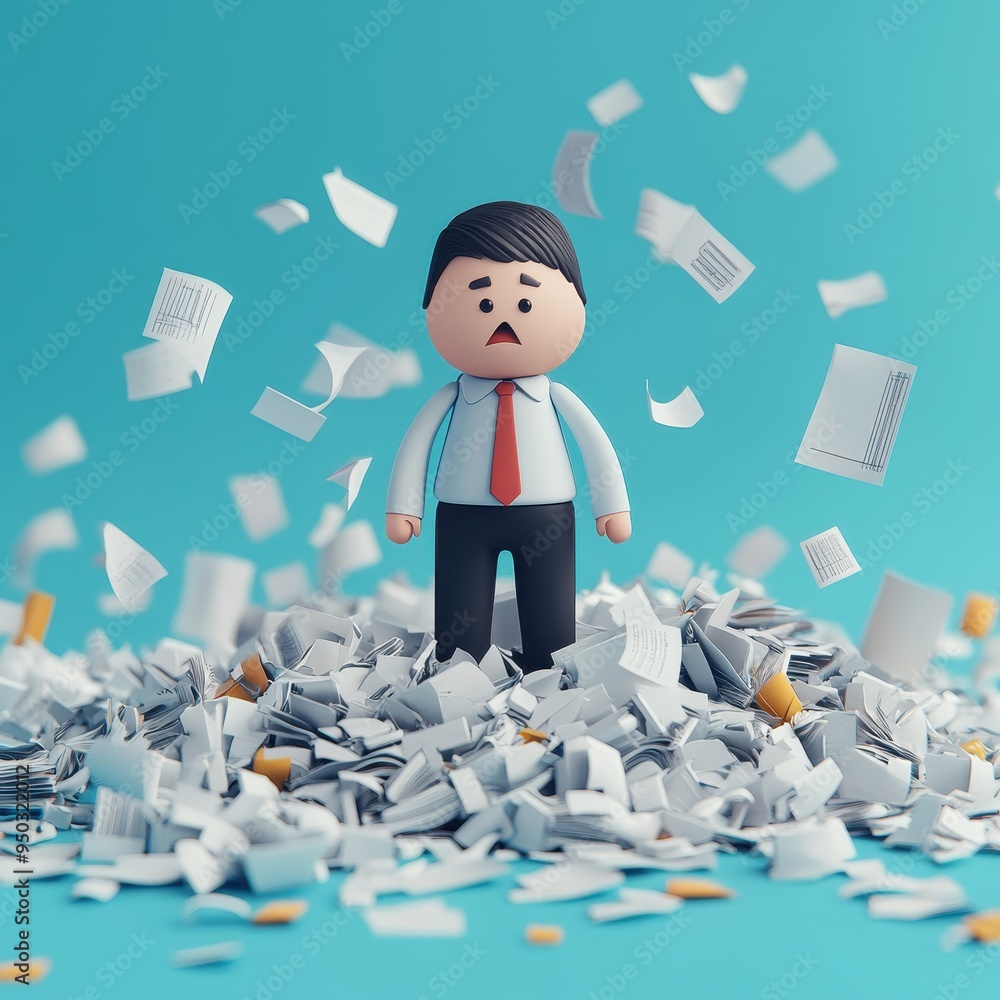 Cartoon man overwhelmed by paperwork. Concept of office stress ...