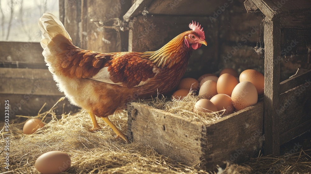 A farm scene with hens laying eggs in a nesting box, highlighting the ...
