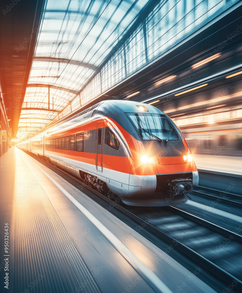 A sleek high-speed train moving through a modern station under a glass ...
