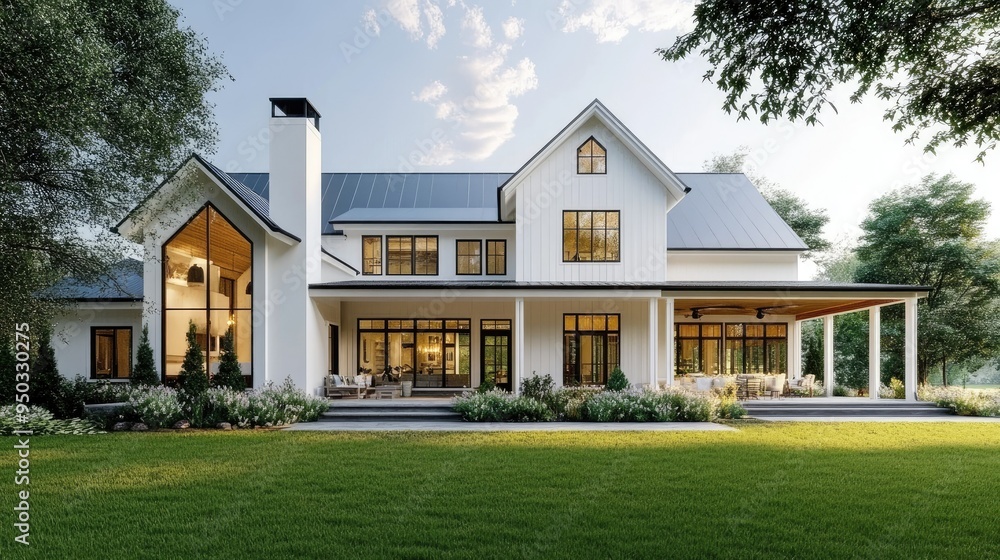 A large modern farmhouse with an open-concept interior, featuring ...