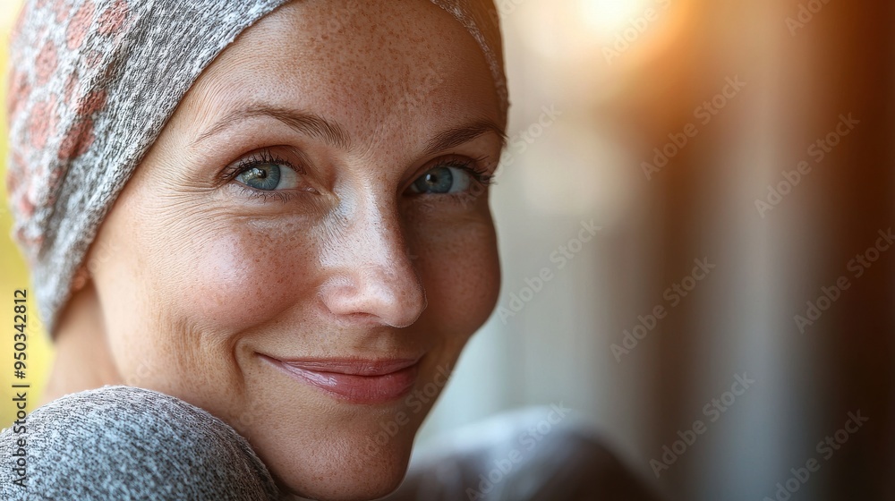 A close-up portrait of a cancer survivor smiling gently her eyes ...