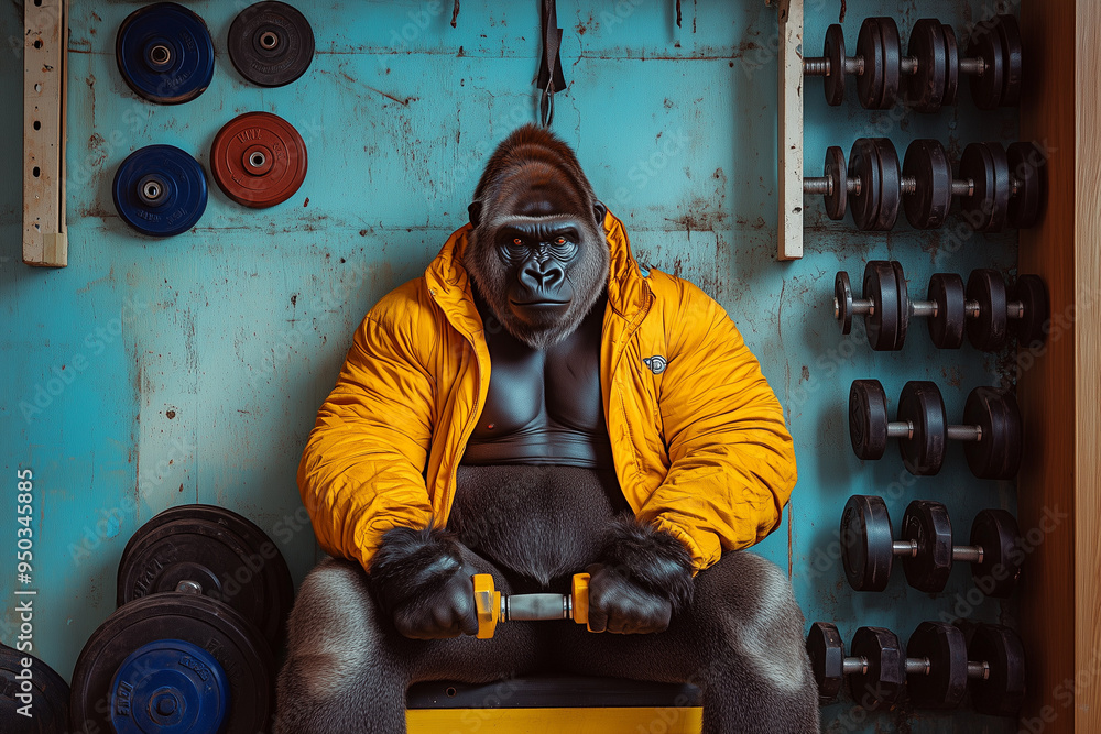 Gorilla bodybuilder in gym wearing yellow jacket, holding dumbbell ...