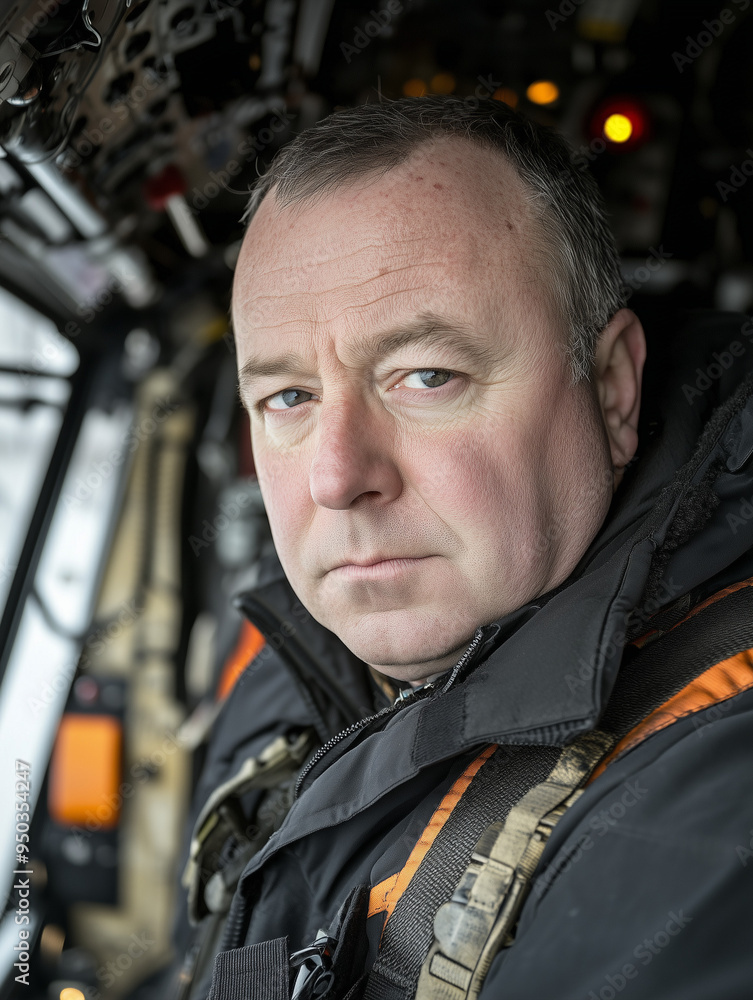 Portrait of a helicopter pilot in the cockpit, wearing a flight suit ...