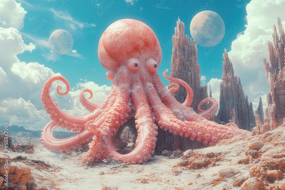 surreal digital artwork depicting colossal pink octopuses exploring a ...