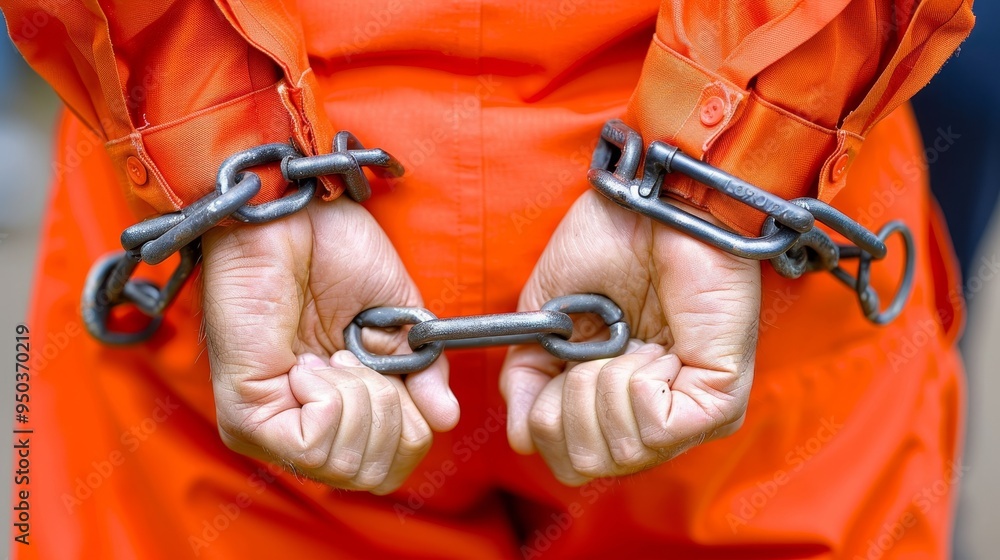 Arrest scene prisoner in orange jumpsuit handcuffed by officer during ...