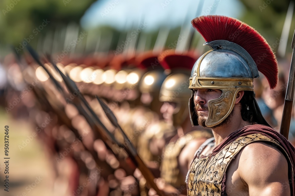 Ancient soldiers, dressed in traditional armor including helmets and spears, stand in a ...