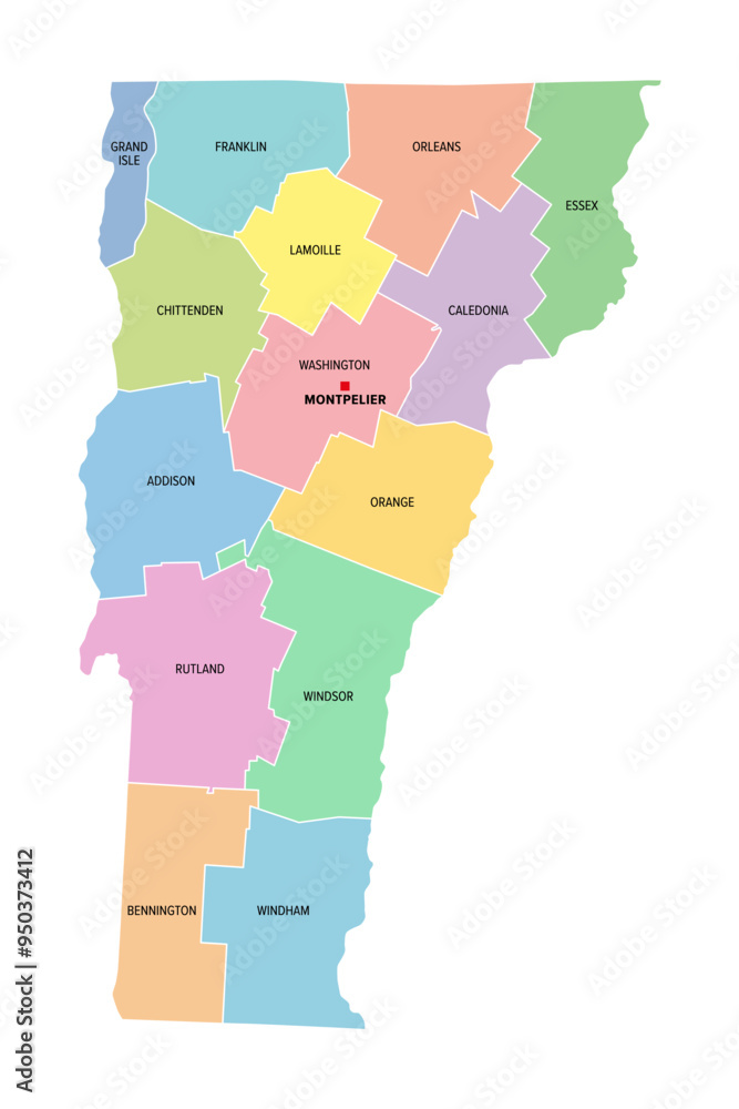 Vermont, U.S. state, subdivided into 14 counties, multi colored ...
