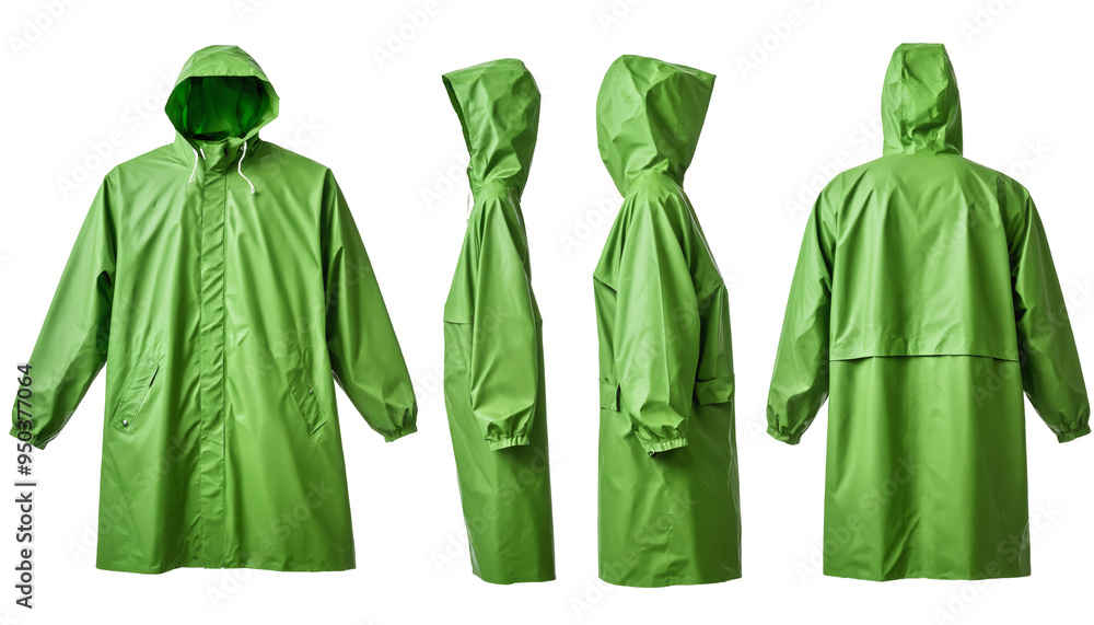 Side, front and back view of a green raincoat template on a transparent ...