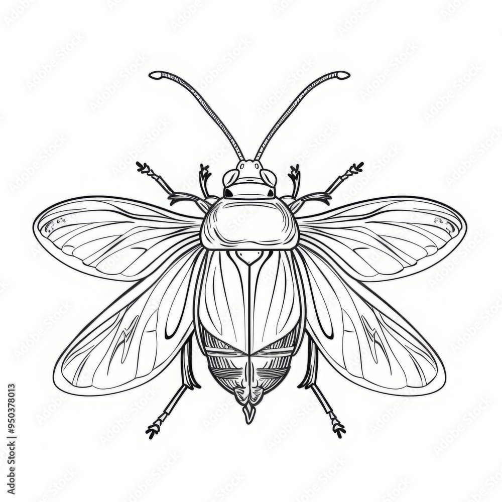 Black and white illustration of a beetle with detailed wings. Line art ...