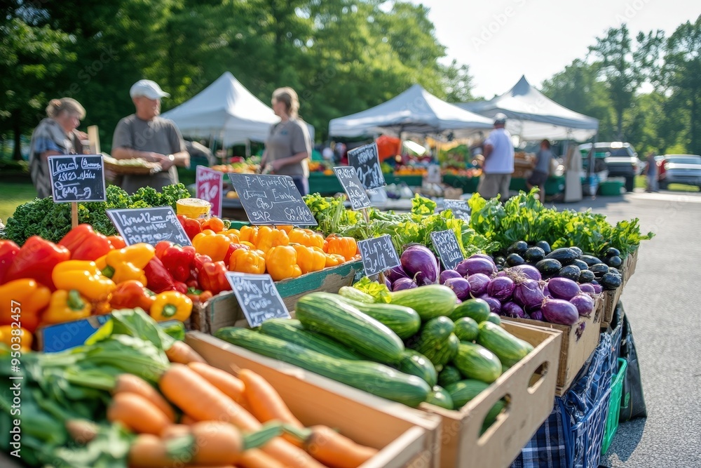 A lively scene of an outdoor market where fresh, colorful produce is on ...