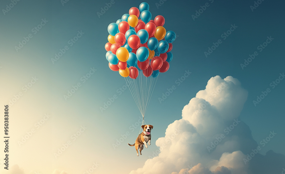 dog puppy flying with balloons, floating in the sky, cute and funny ...