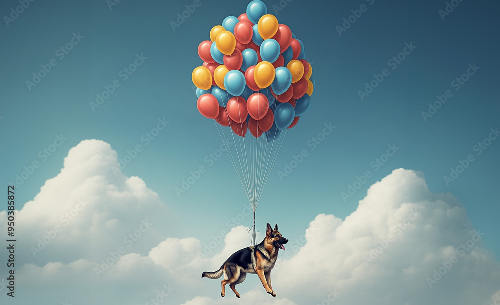 German shepard dog puppy flying with balloons, floating in the sky ...