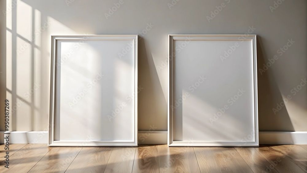 Two minimalist mock-up frames with thin white borders lean against a ...