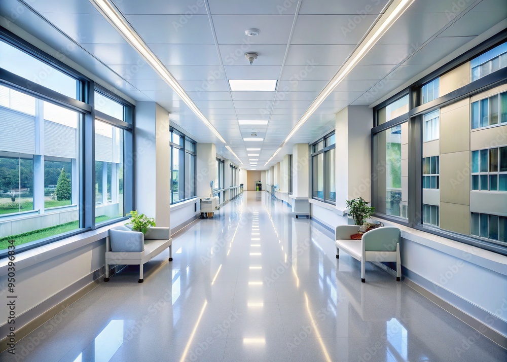 Modern hospital corridor with sleek flooring, rows of empty patient ...