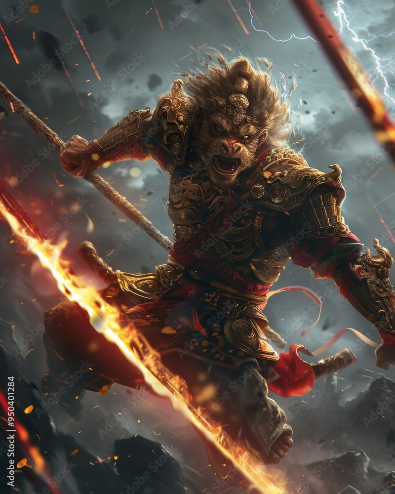 Sun Wukong, the Monkey King, in the middle of an intense battle with a ...