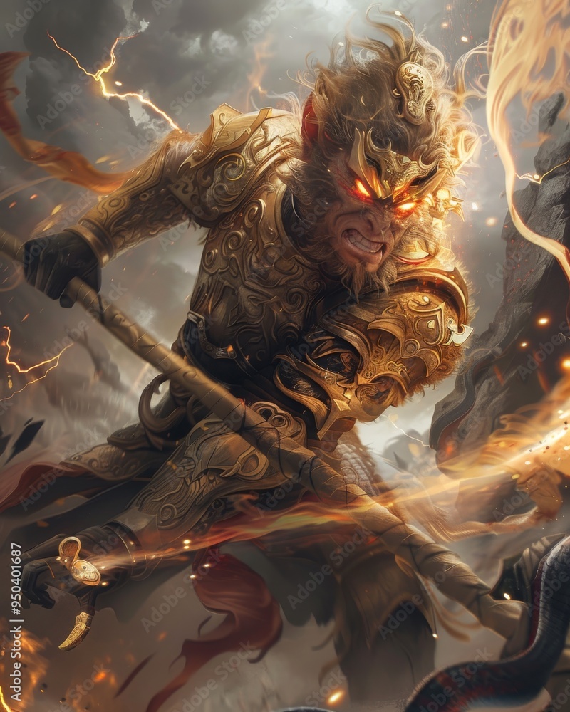 ภาพประกอบสต็อก Sun Wukong, the Monkey King, in the middle of an intense ...