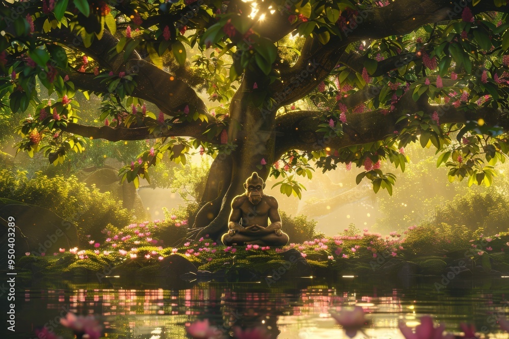 Sun Wukong, the Monkey King, sitting under a Bodhi tree in a meditative ...