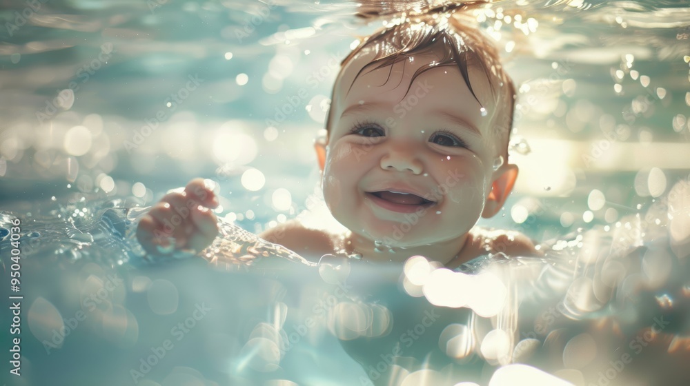 Cute smiling baby having fun swimming and diving in the pool at the ...