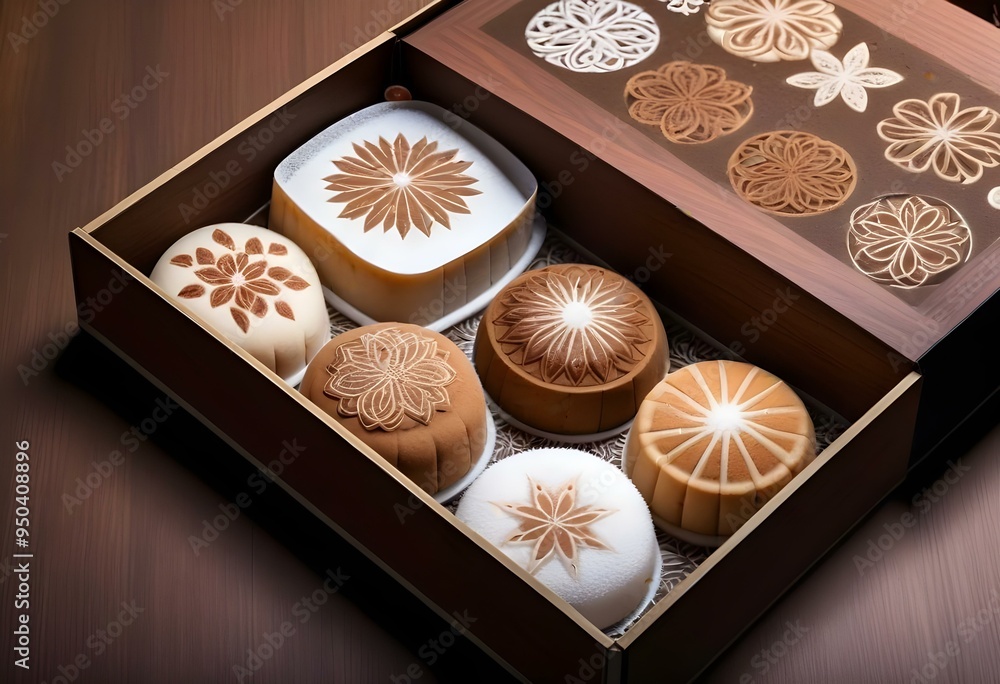 A box of assorted Japanese mochi desserts, featuring various shapes and ...